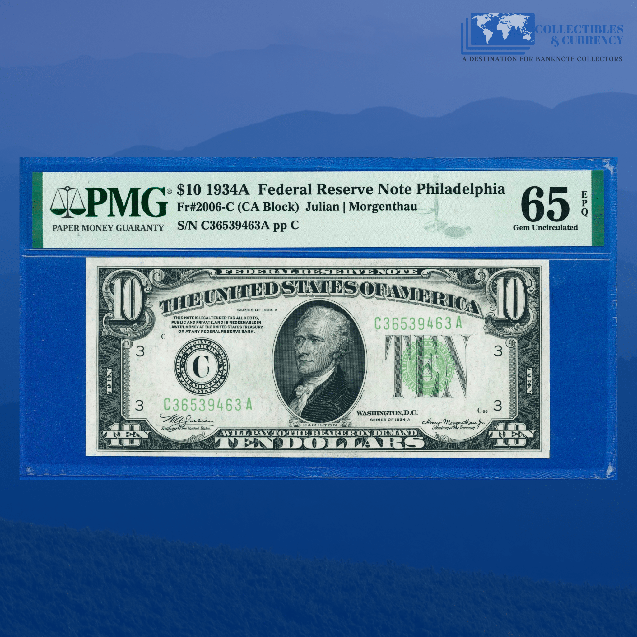 Fr.2006-C 1934A $10 Ten Dollars Federal Reserve Note Philly, PMG 65 EP