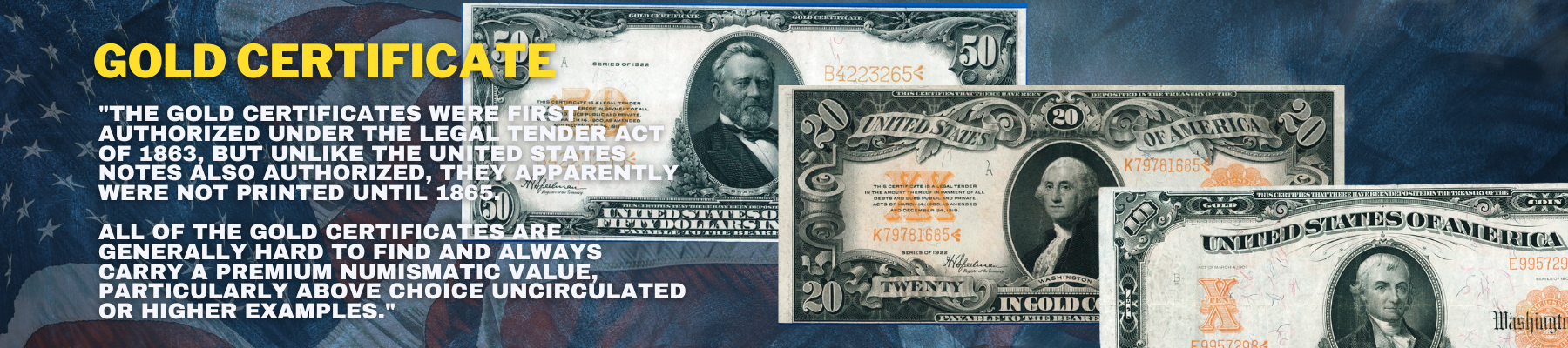 U.S. Gold Certificates Small/Large Size Paper Money For Sale