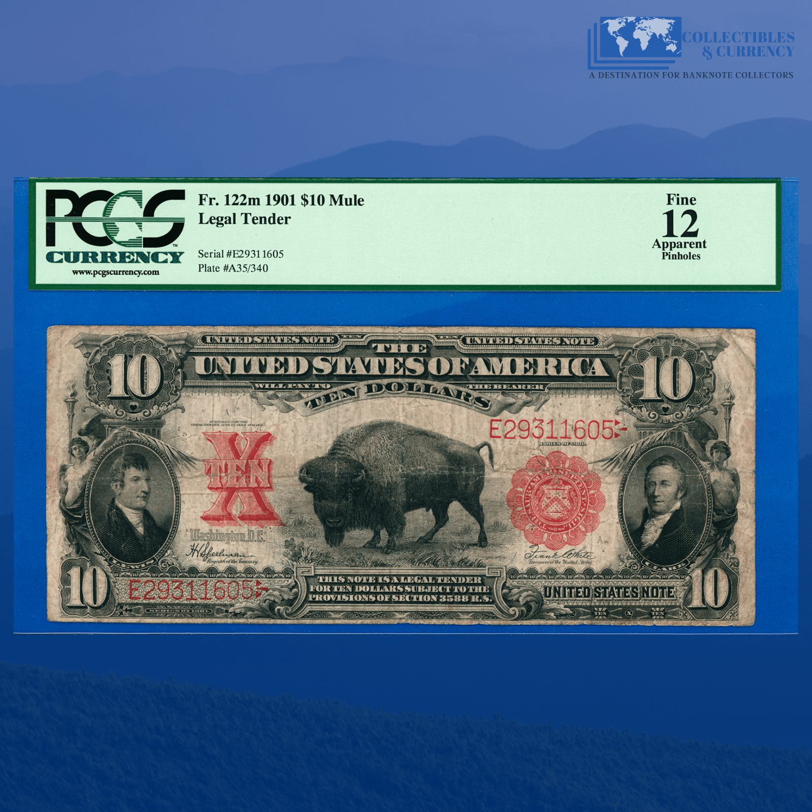Fr.122m 1901 $10 Ten Dollars Bill Mule "BISON" Legal Tender Note, PCGS