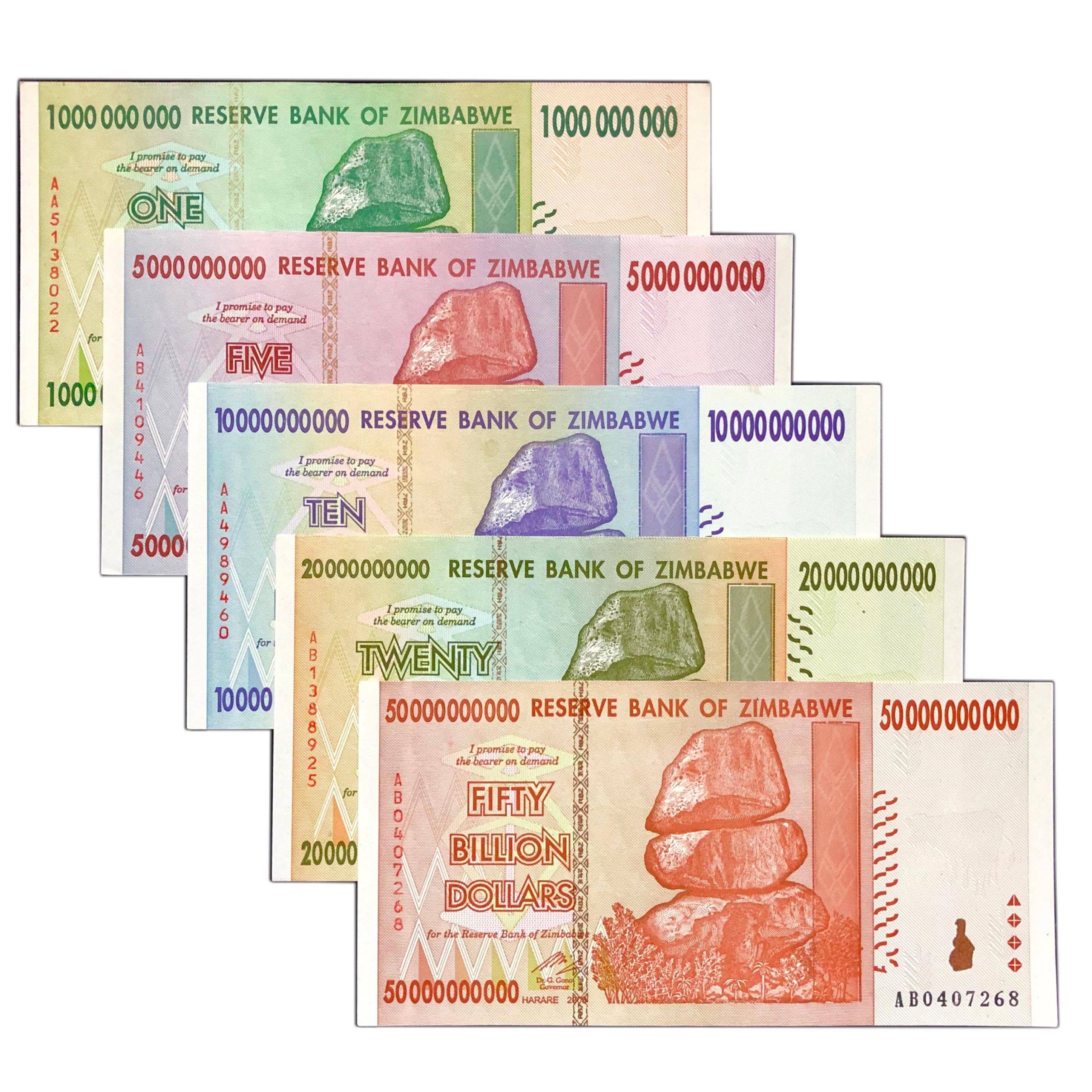 Set 5 Pcs Zimbabwe Billion Banknotes 2008 Series AA/AB ( Uncirculated